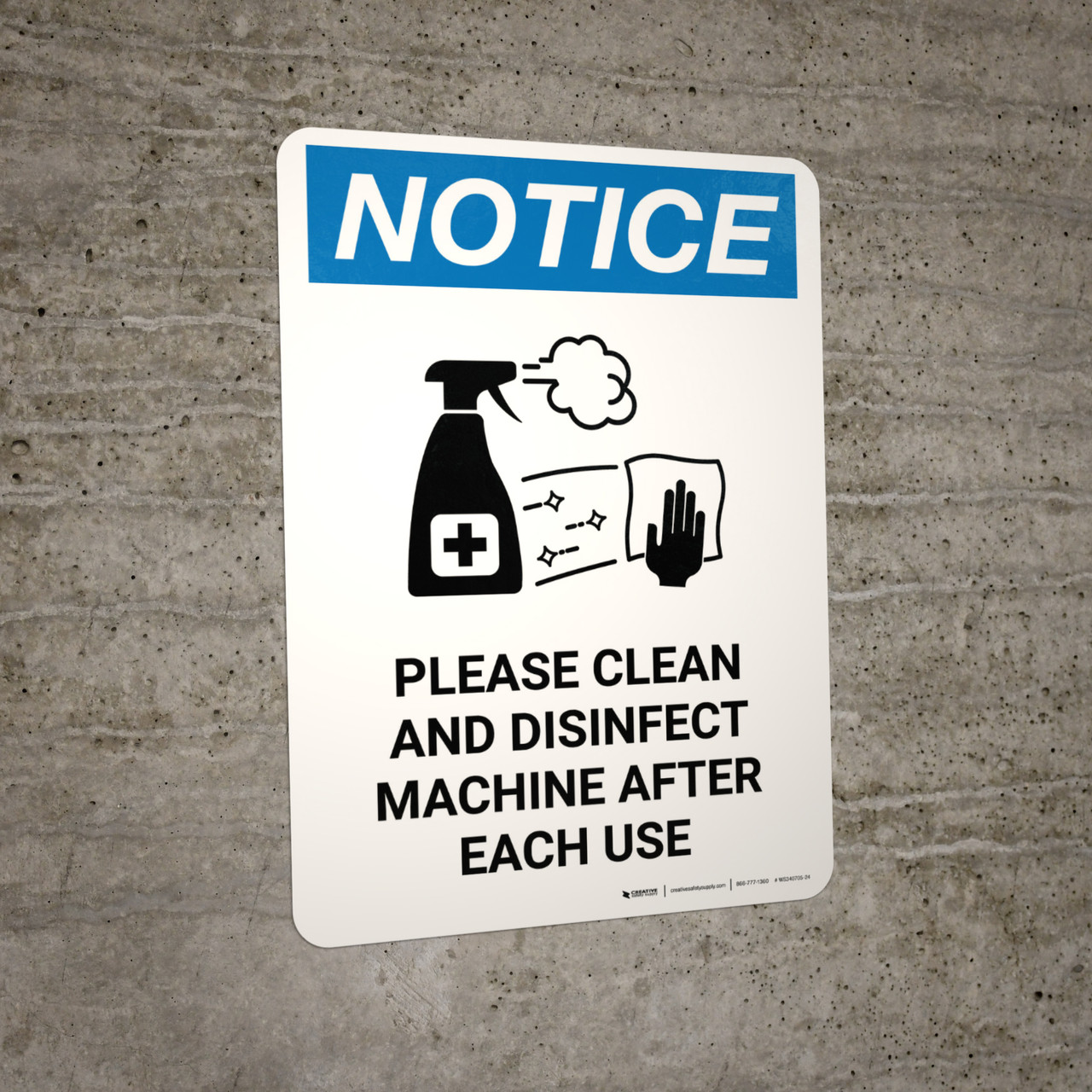 Notice: Please Clean And Disinfect Machine with Icon Portrait - Wall Sign
