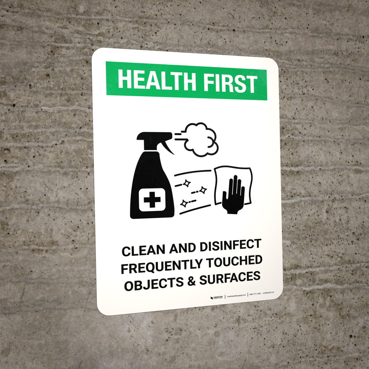 Health First: Clean And Disinfect Frequently with Icon Portrait - Wall Sign