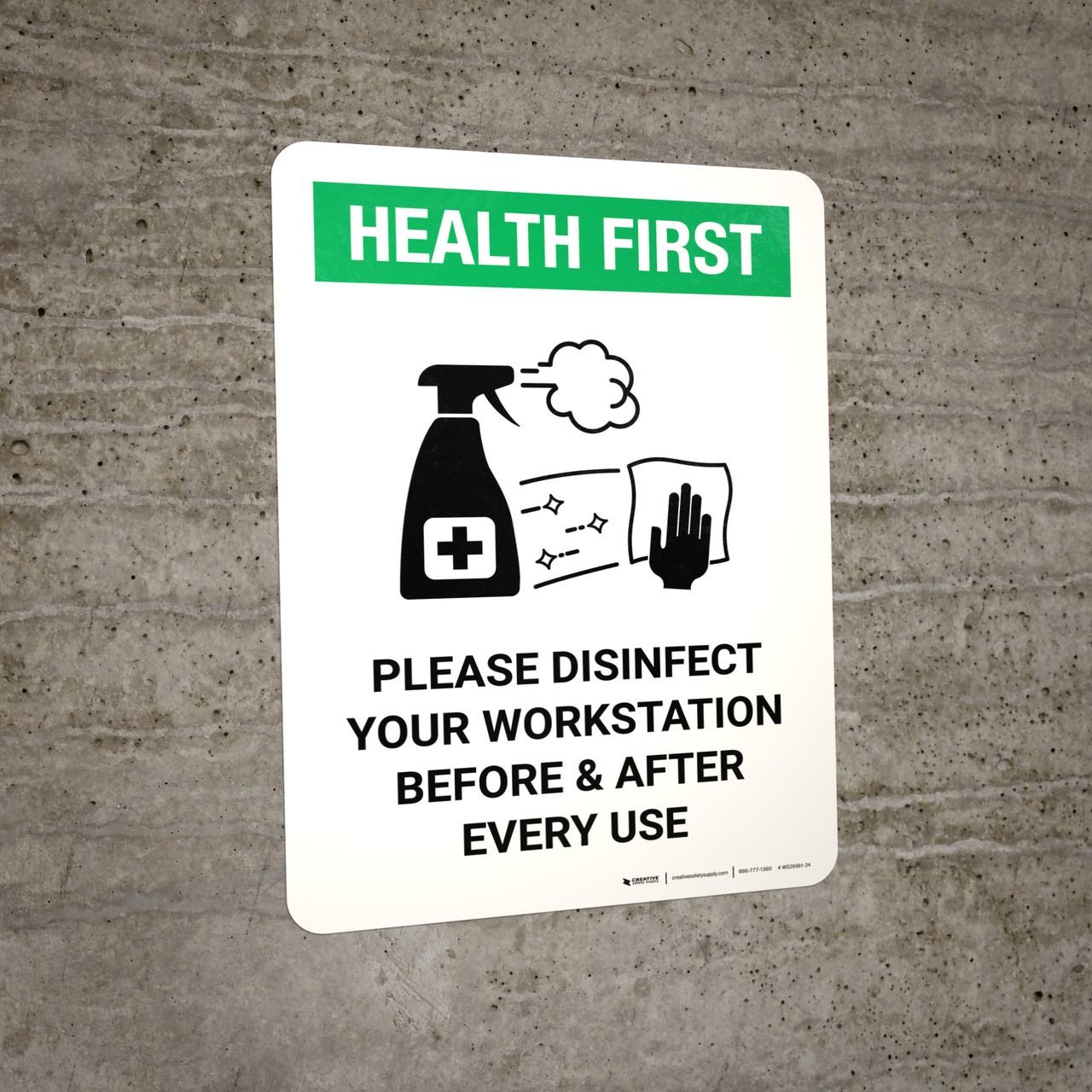 Health First: Please Disinfect Workstation with Icon Portrait - Wall Sign