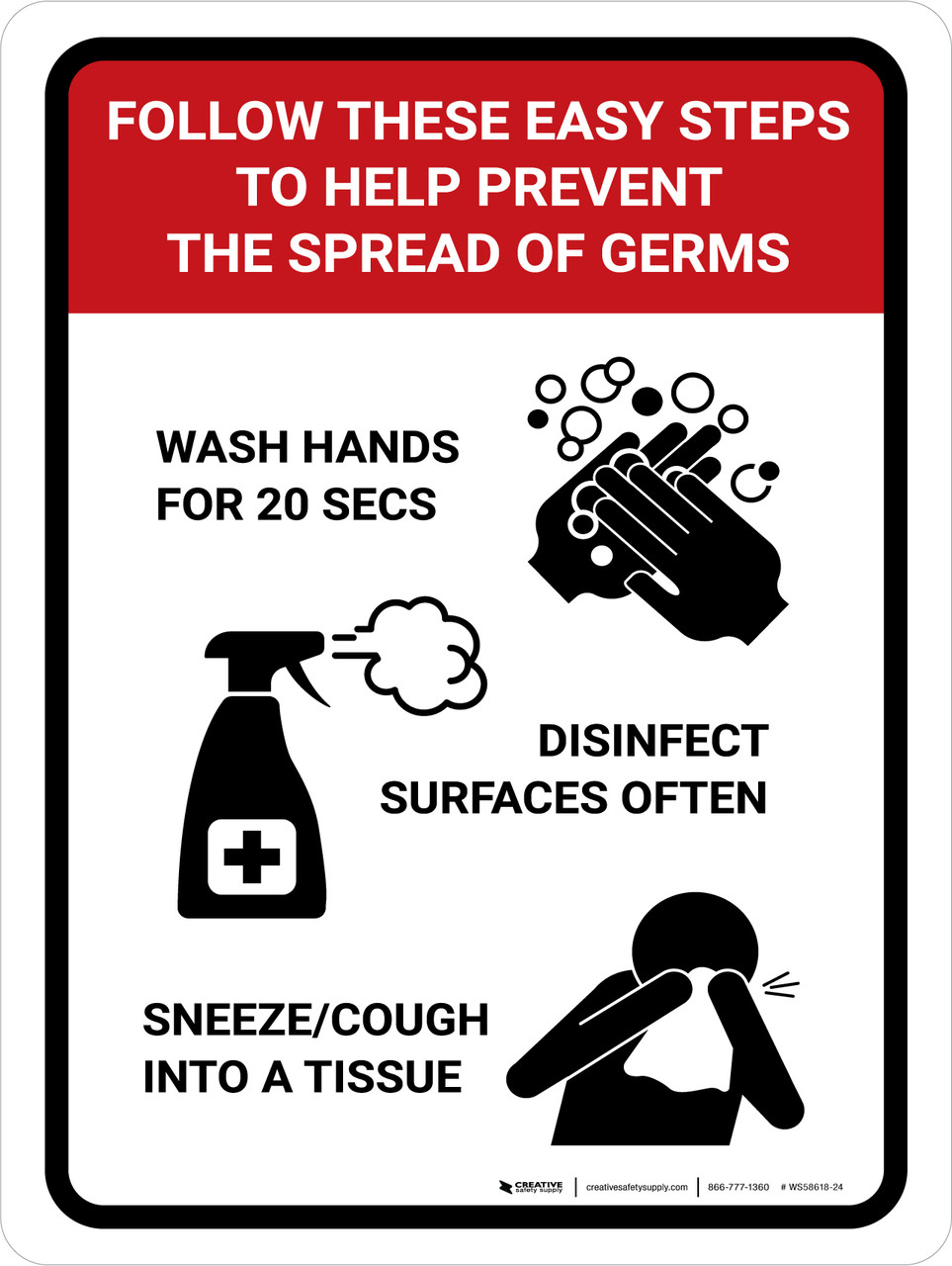 Steps to Prevent Spread of Germs with Icon Portrait - Wall Sign