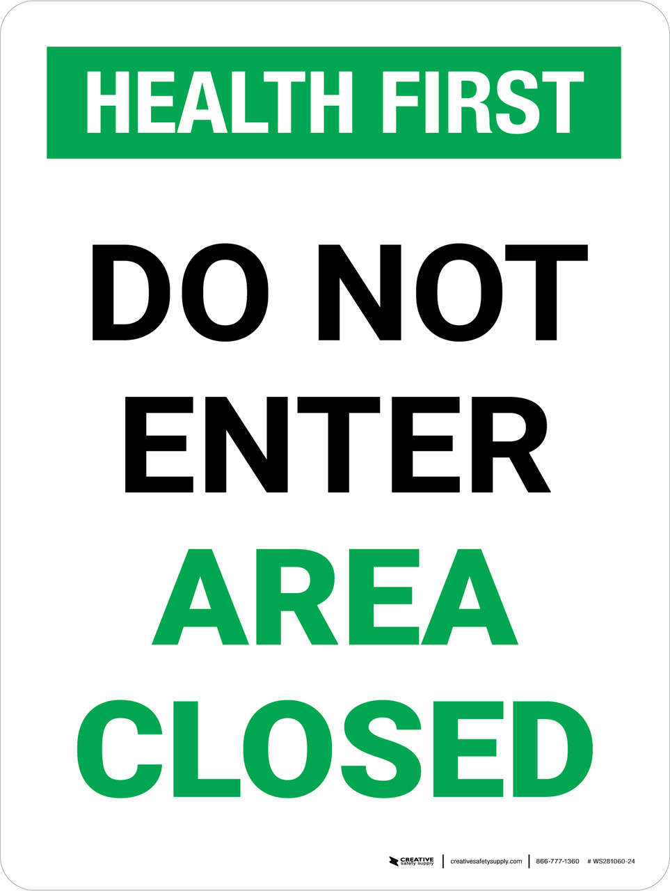 Health First Do Not Enter Area Closed Portrait - Wall Sign | Creative ...