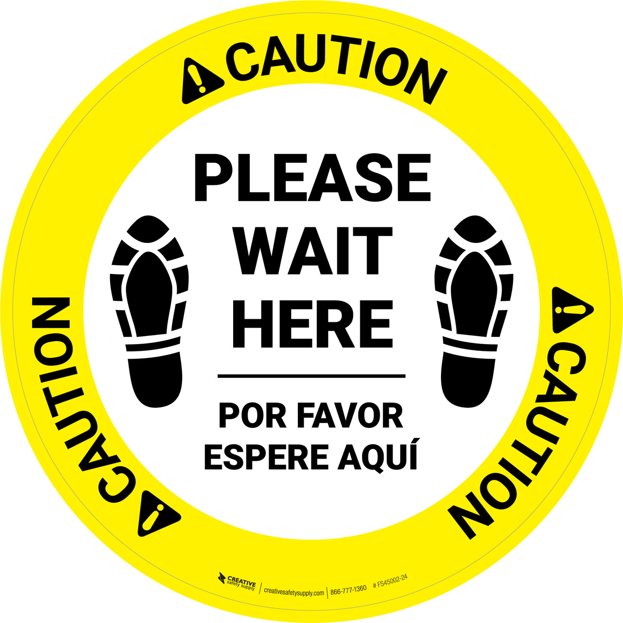 Caution Please Wait Here Bilingual Spanish with Shoe Prints Circular ...