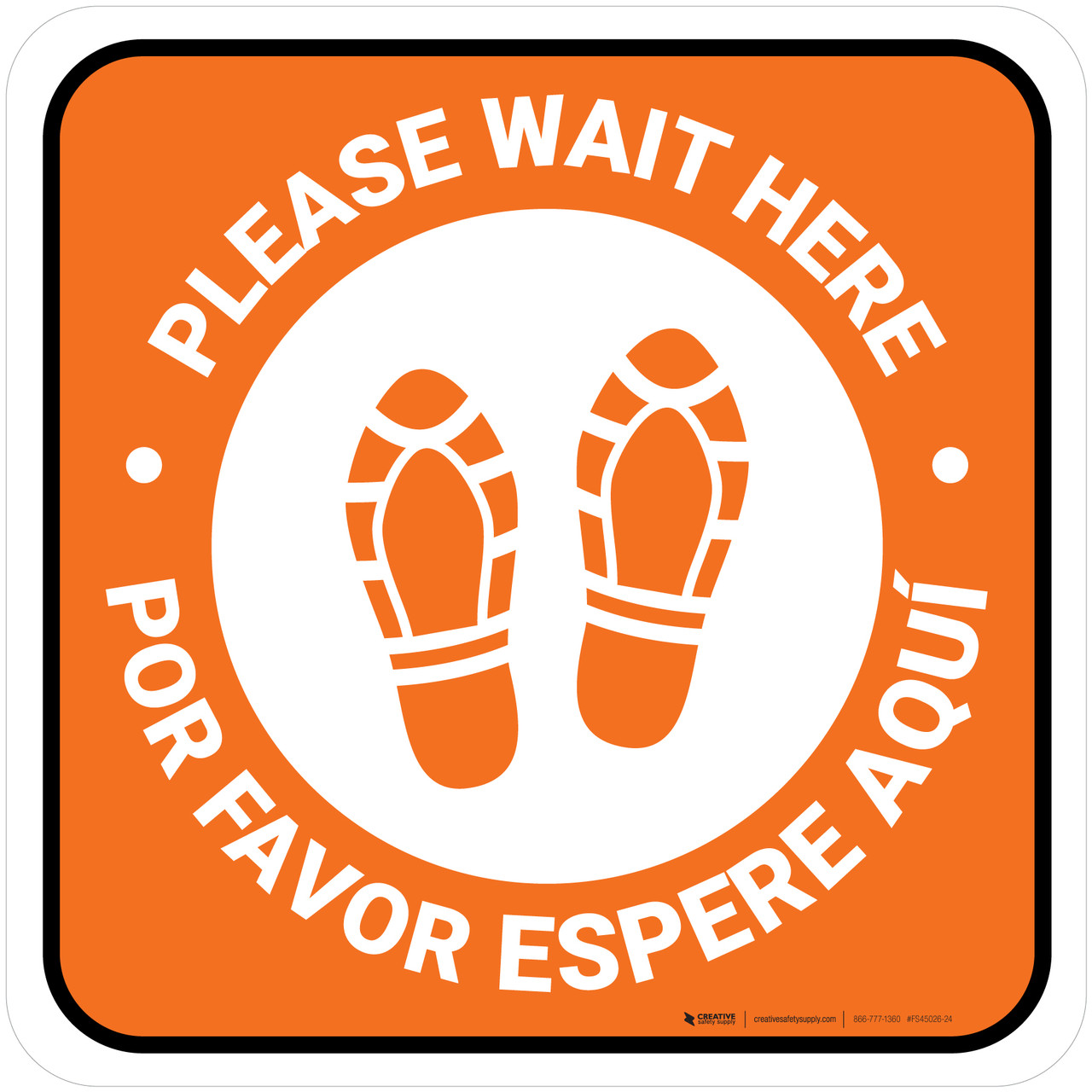Please Wait Here Bilingual Spanish with Shoe Prints Orange Square ...