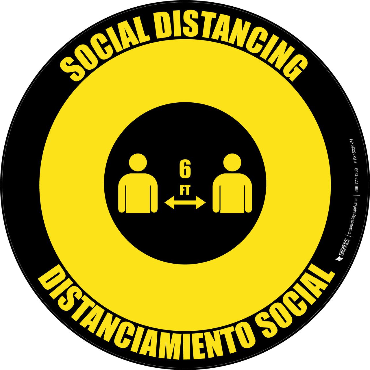 Social Distancing Bilingual with Icon Yellow/Black Circular - Floor Sign