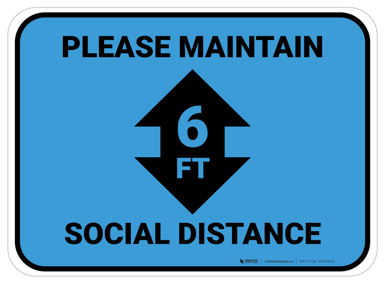 Please Maintain Social Distance with Arrow Blue Rectangle - Floor Sign