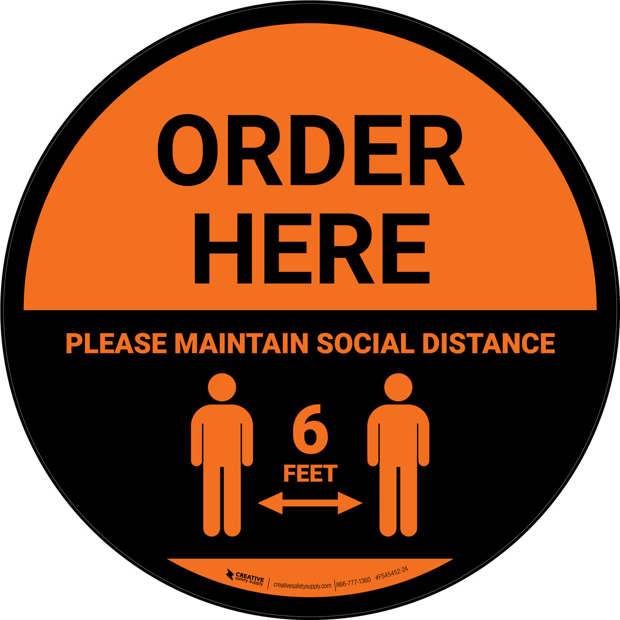 Order Here: Social Distance with Icon Orange Circular - Floor Sign
