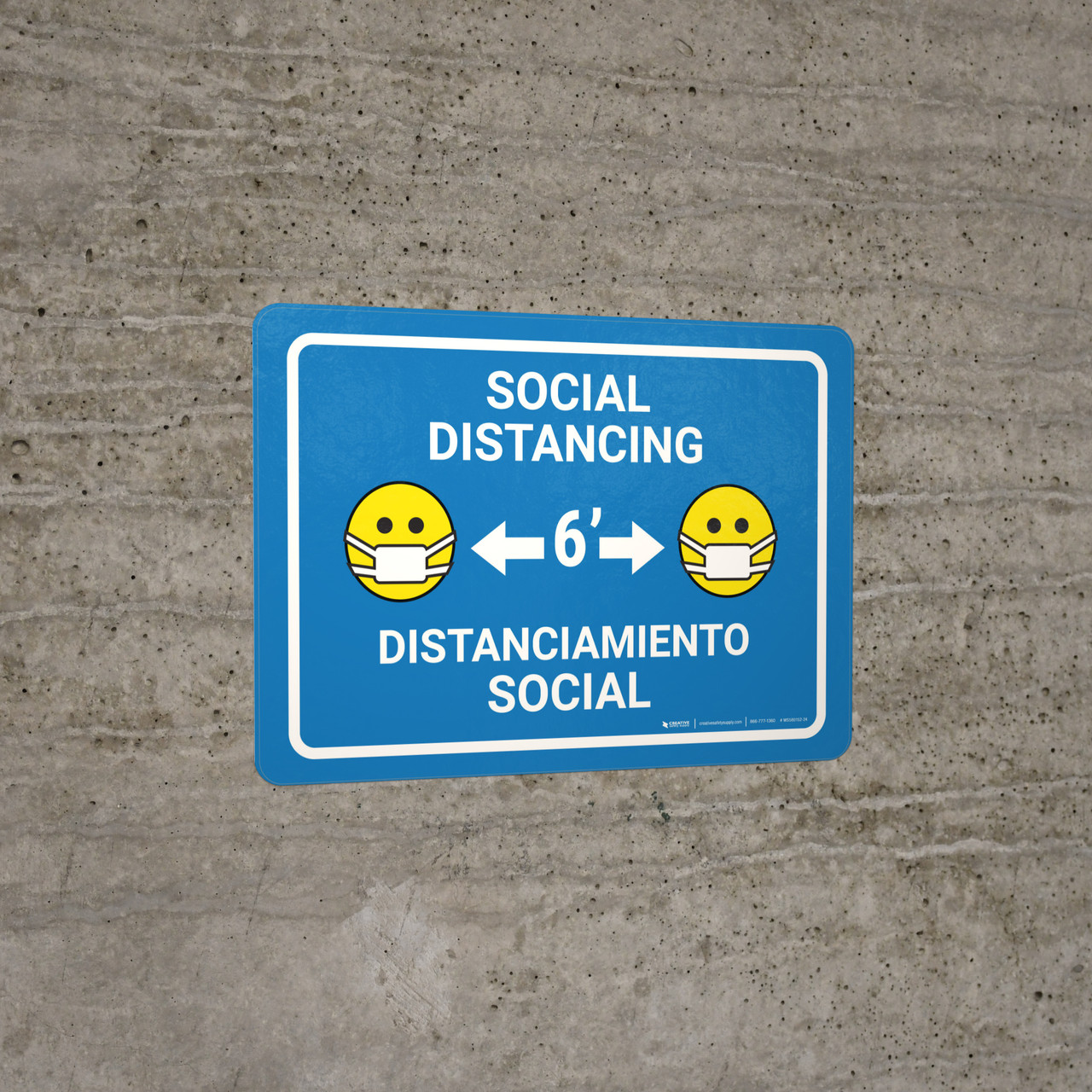 Social Distancing with Facemask Emoji Bilingual Spanish Blue - Wall Sign