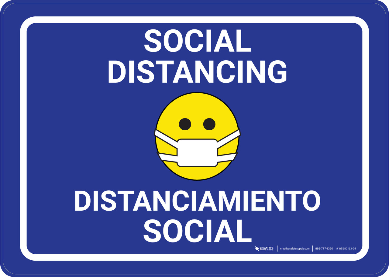 Social Distancing with Facemask Emoji Bilingual Spanish Dark Blue ...