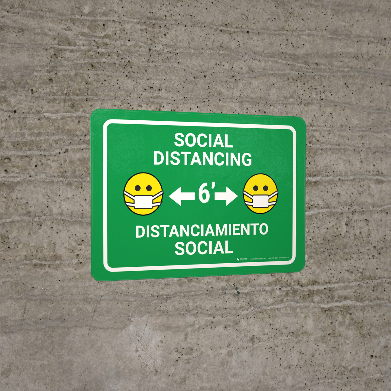 Social Distancing with Facemask Emoji Bilingual Green - Wall Sign