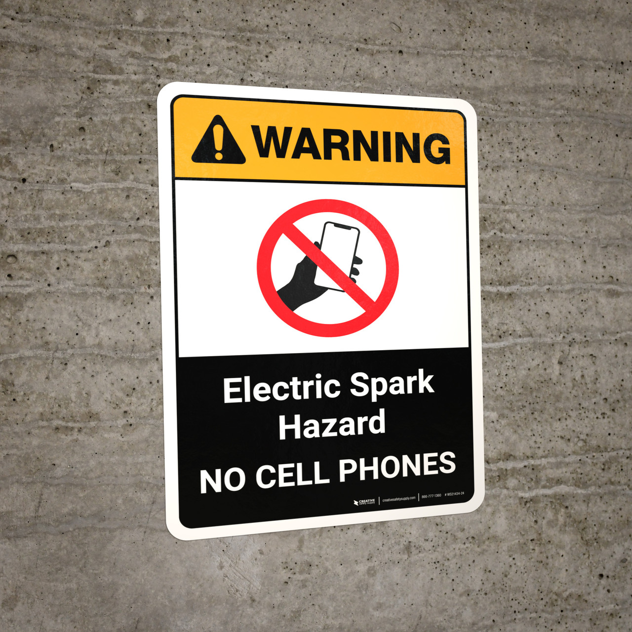 Warning: Electric Spark Hazard No Cell Phones with Icon ANSI Portrait ...