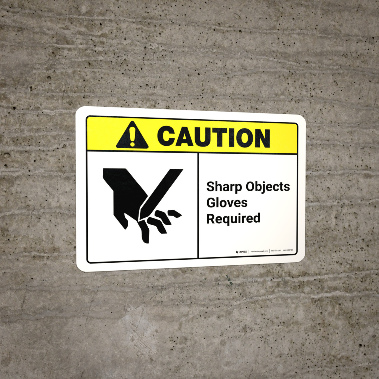 Caution Sharp Objects Gloves Required With Icon Ansi Landscape Wall Sign