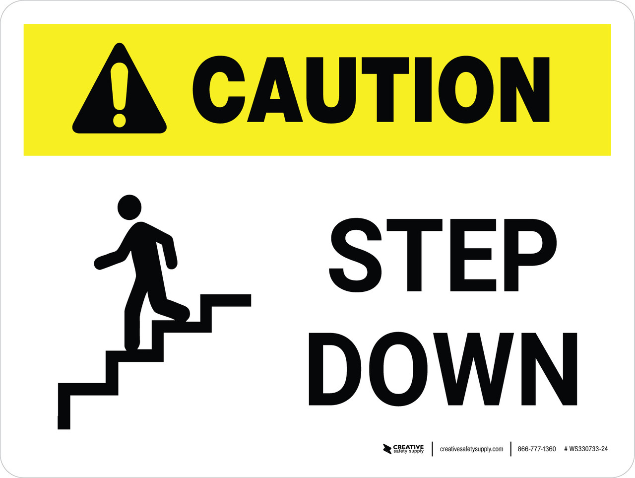 Caution Step Down White With Icon Landscape Wall Sign