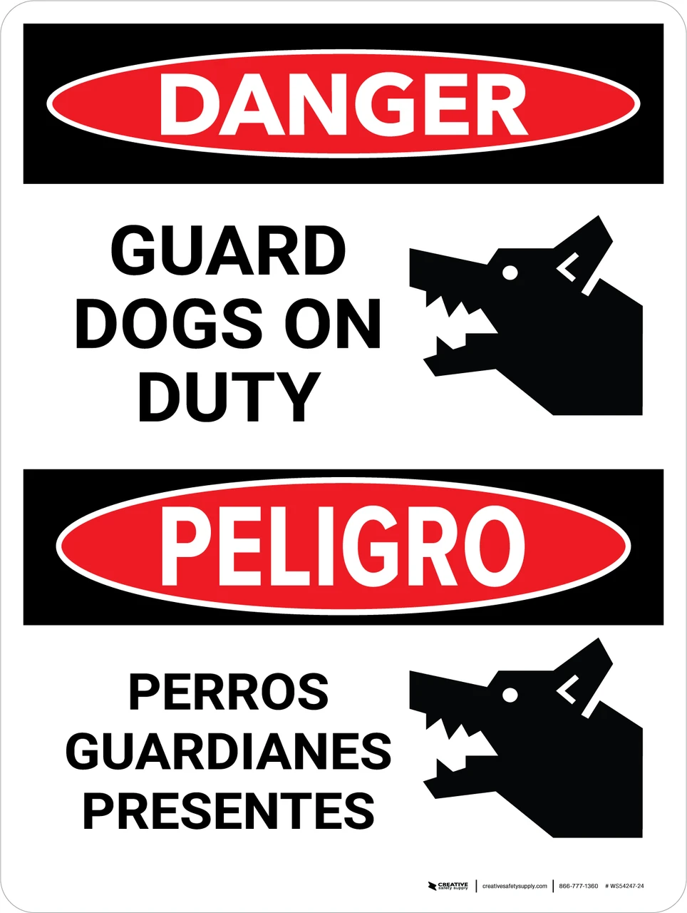 Danger: Guard Dogs On Duty Bilingual Spanish Portrait - Wall Sign