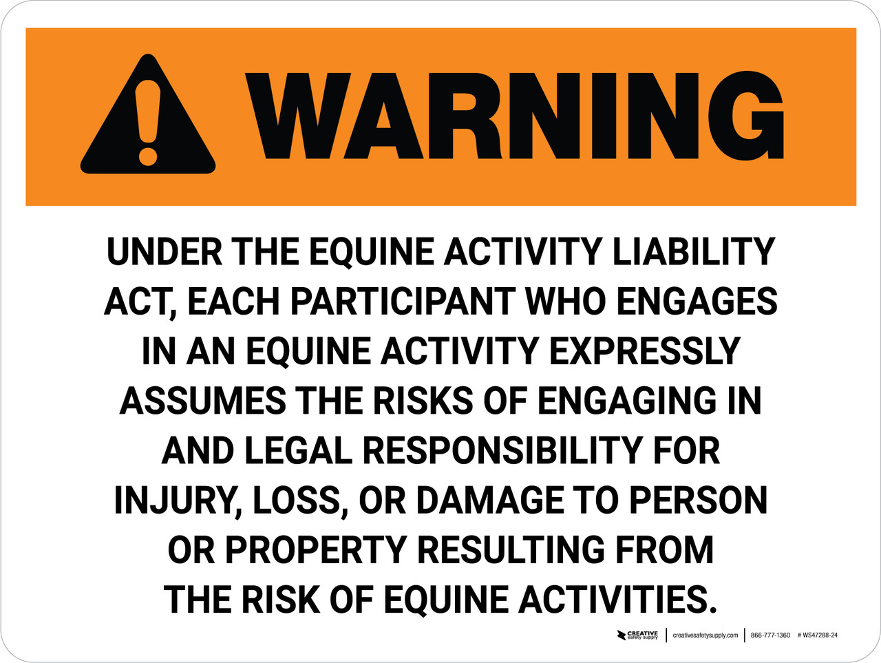 Warning: Illinois Equine Activity Liability Act Landscape - Wall Sign