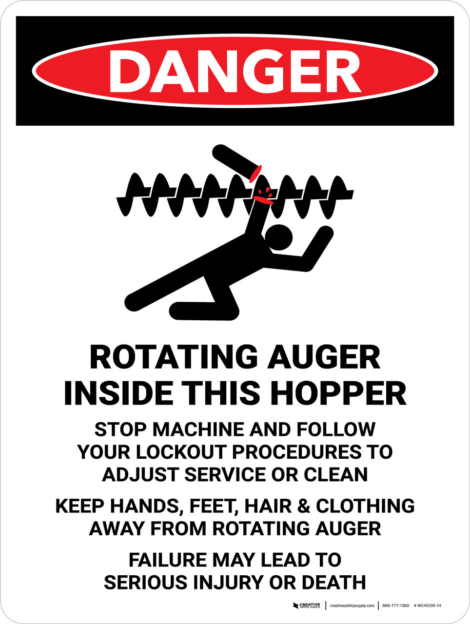 Danger: Rotating Auger Inside This Hopper Portrait - Wall Sign