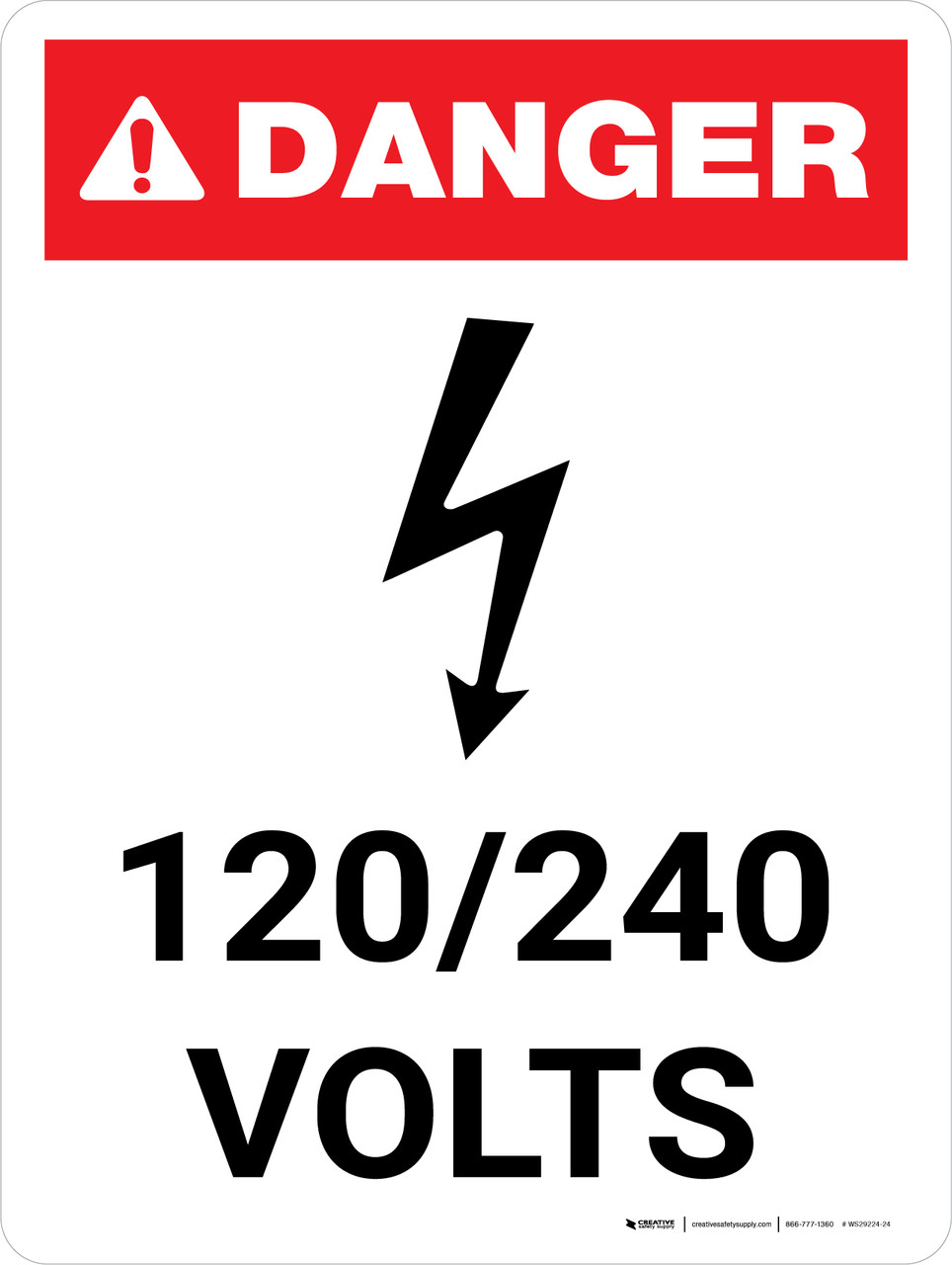 Danger: 120-240 Volts Portrait with Icon - Wall Sign
