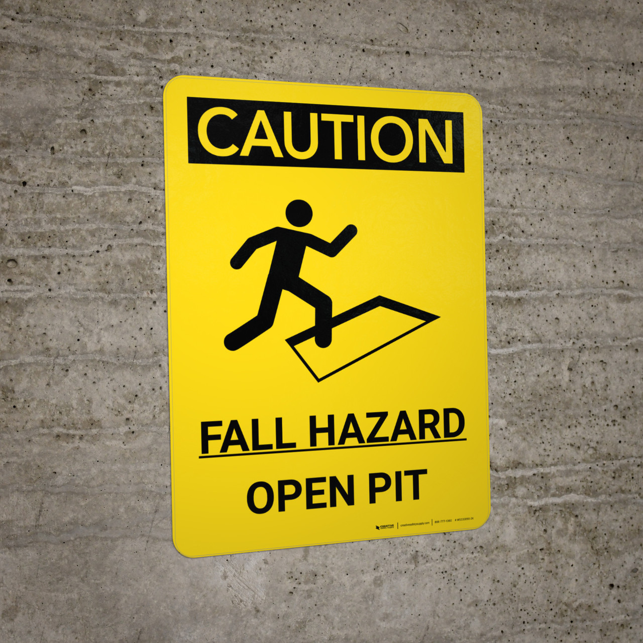 Caution: Fall Hazard Open Pit Portrait With Icon - Wall Sign