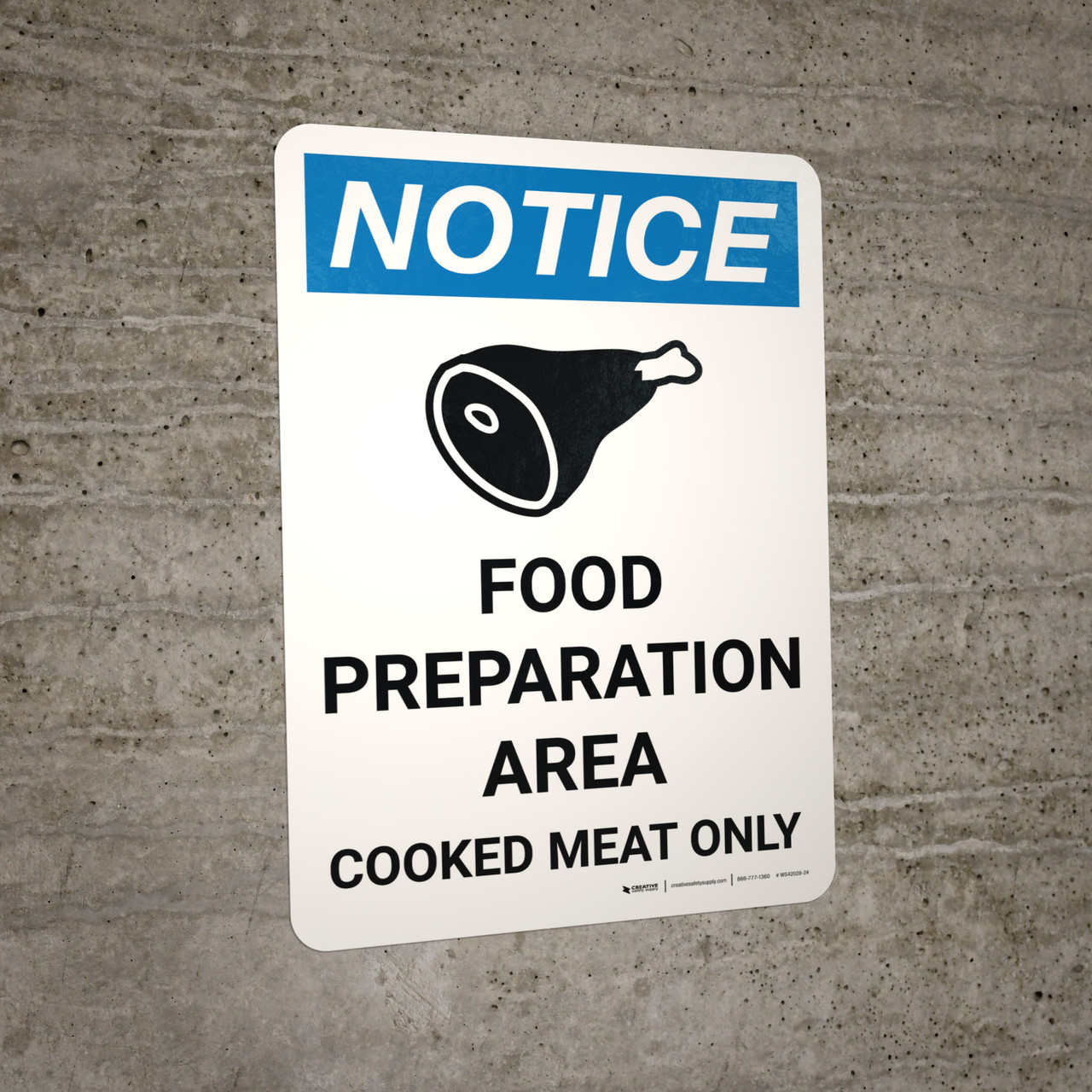 Notice: Food Prep Area - Cooked Meat Only Portrait with Icon - Wall Sign