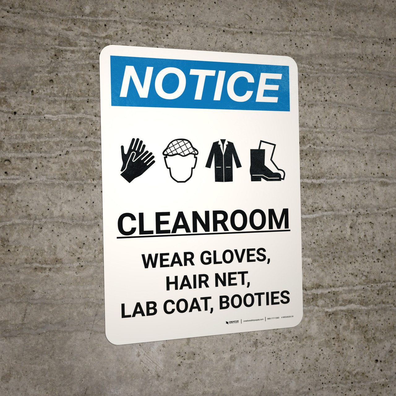 Notice: Cleanroom Wear Gloves Hair Net Portrait with Icon - Wall Sign