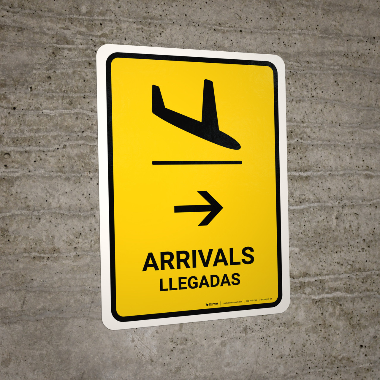 Arrivals With Right Arrow Yellow Bilingual Spanish Portrait - Wall Sign ...