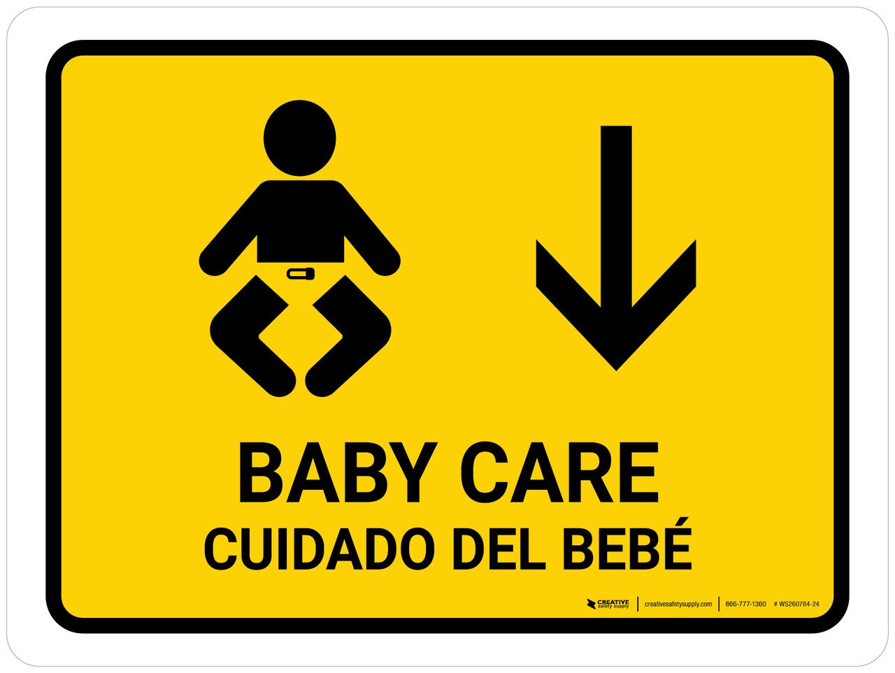 Baby Care With Down Arrow Yellow Bilingual Landscape - Wall Sign