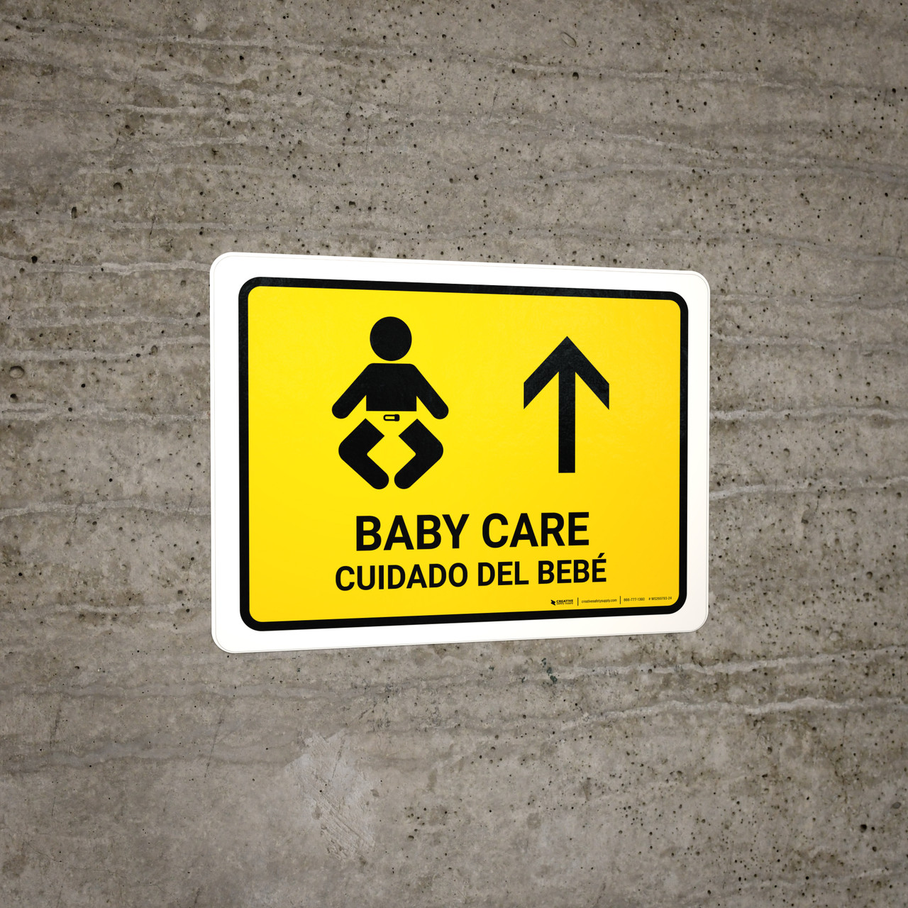 Baby Care With Up Arrow Yellow Bilingual Spanish Landscape - Wall Sign