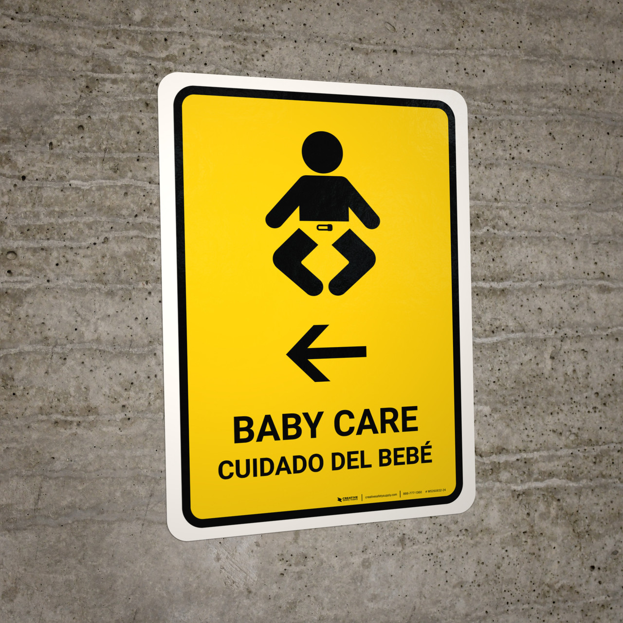 Baby Care With Left Arrow Yellow Bilingual Portrait - Wall Sign
