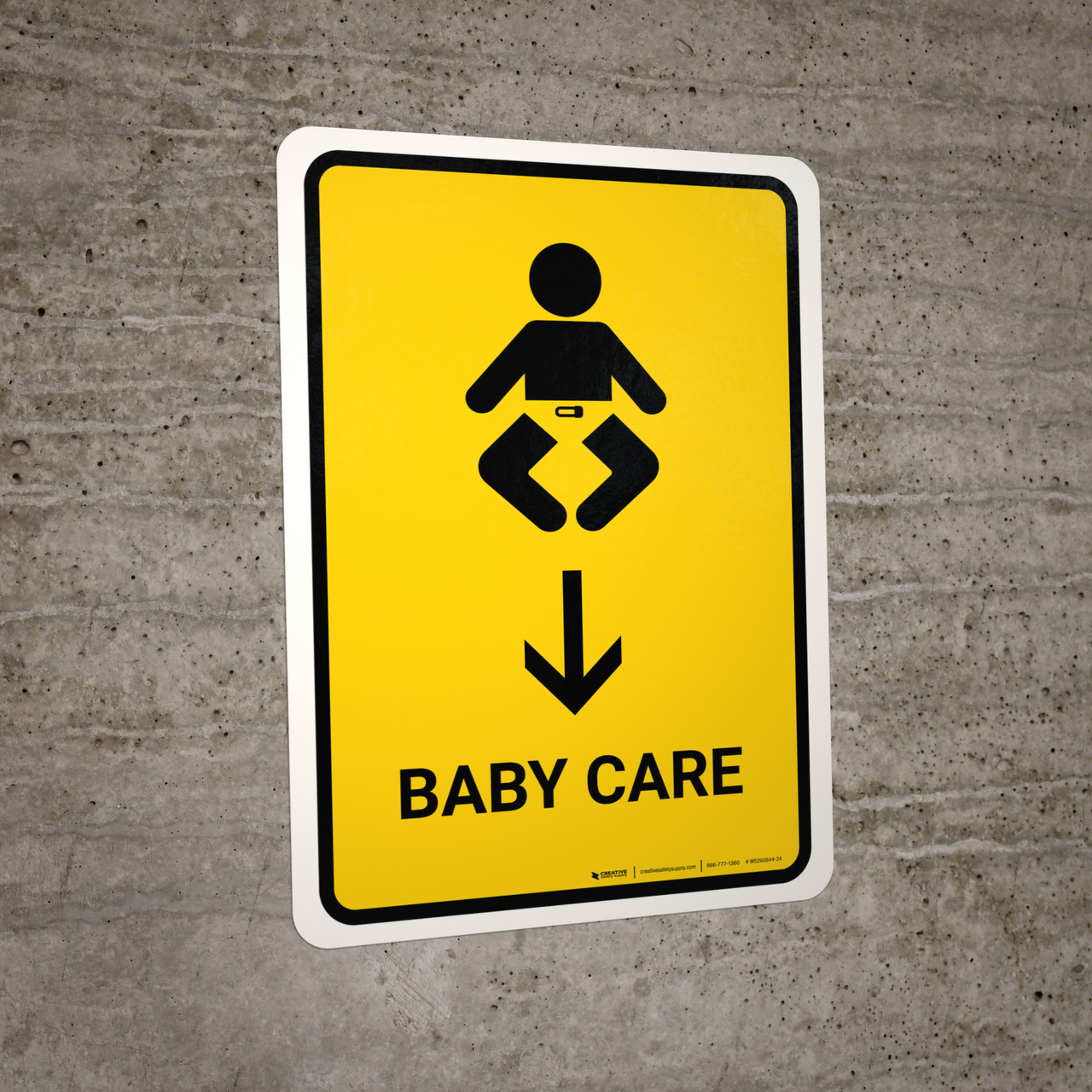 Baby Care With Down Arrow Yellow Portrait - Wall Sign | Creative Safety ...