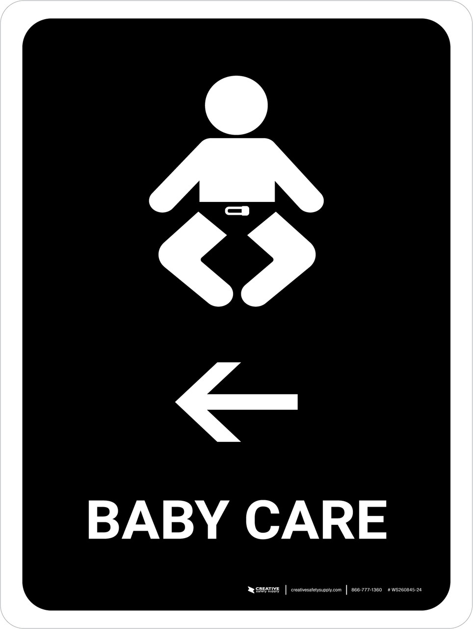 Baby Care With Left Arrow Black Portrait - Wall Sign