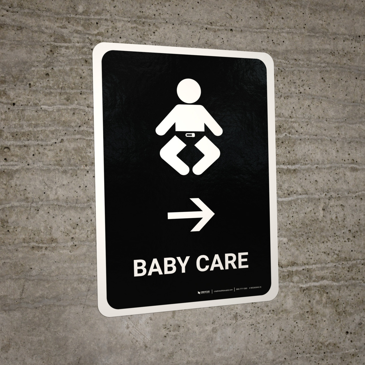 Baby Care With Right Arrow Black Portrait - Wall Sign