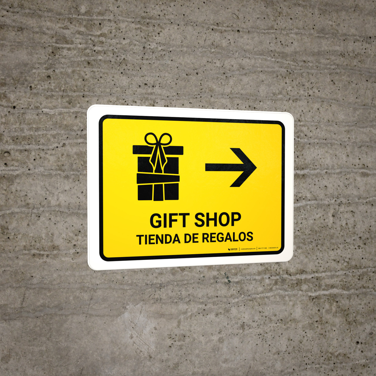 Gift Shop With Right Arrow Yellow Bilingual Spanish Landscape - Wall Sign