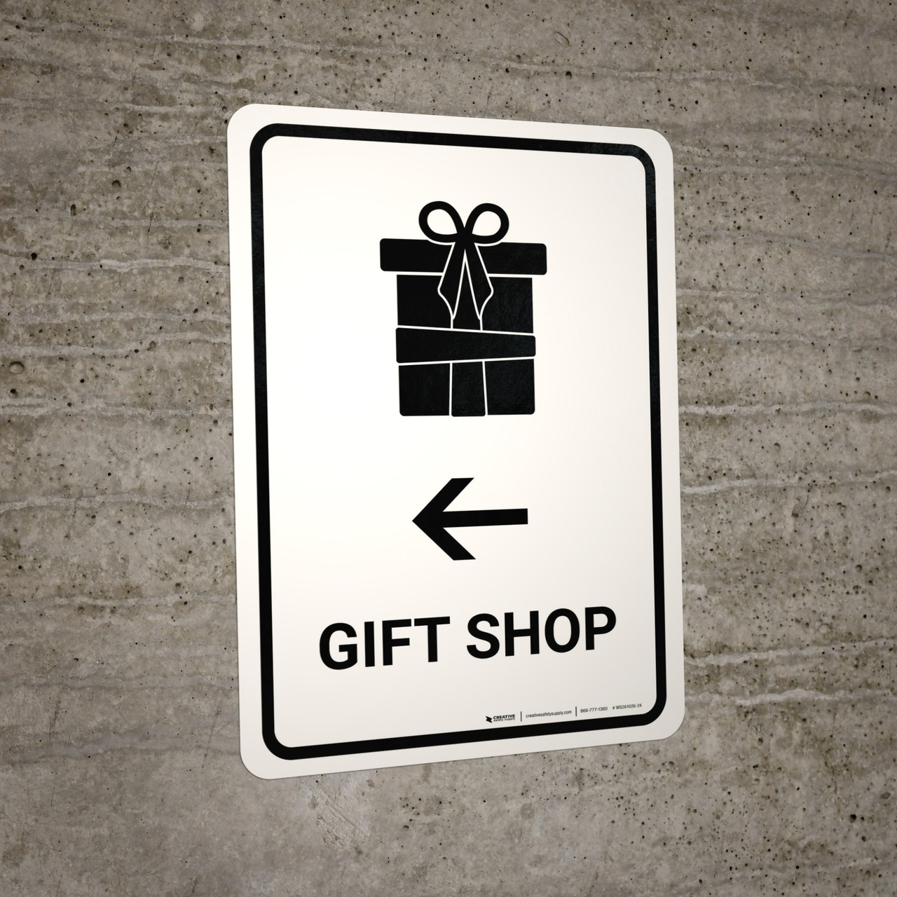 Gift Shop With Left Arrow White Portrait - Wall Sign | Creative Safety ...
