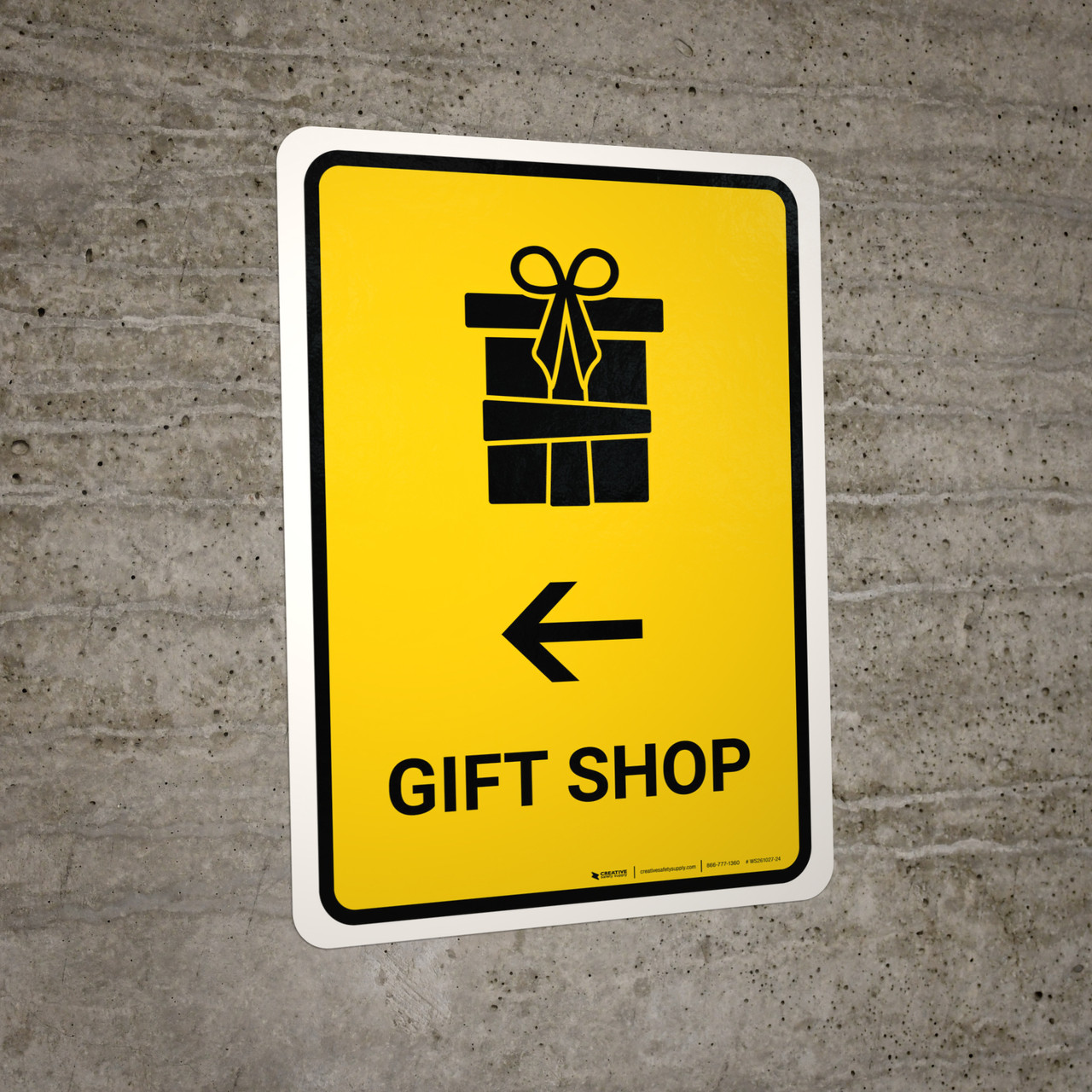 Gift Shop With Left Arrow Yellow Portrait - Wall Sign