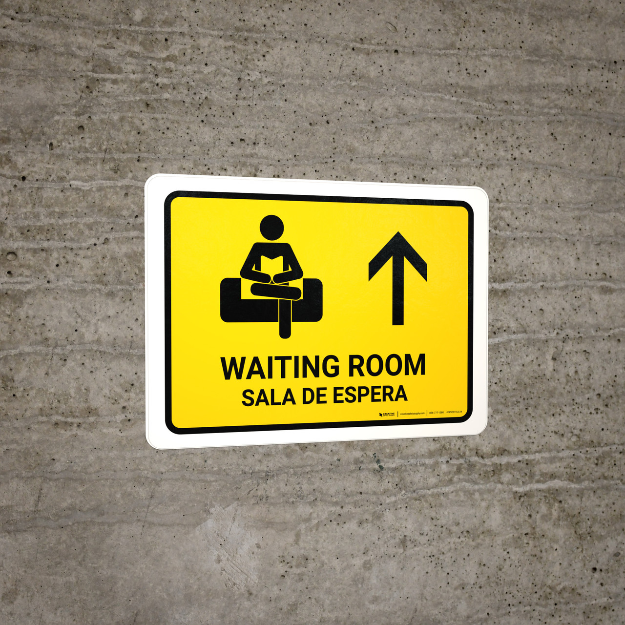 Waiting Room With Up Arrow Yellow Bilingual Spanish Landscape - Wall Sign