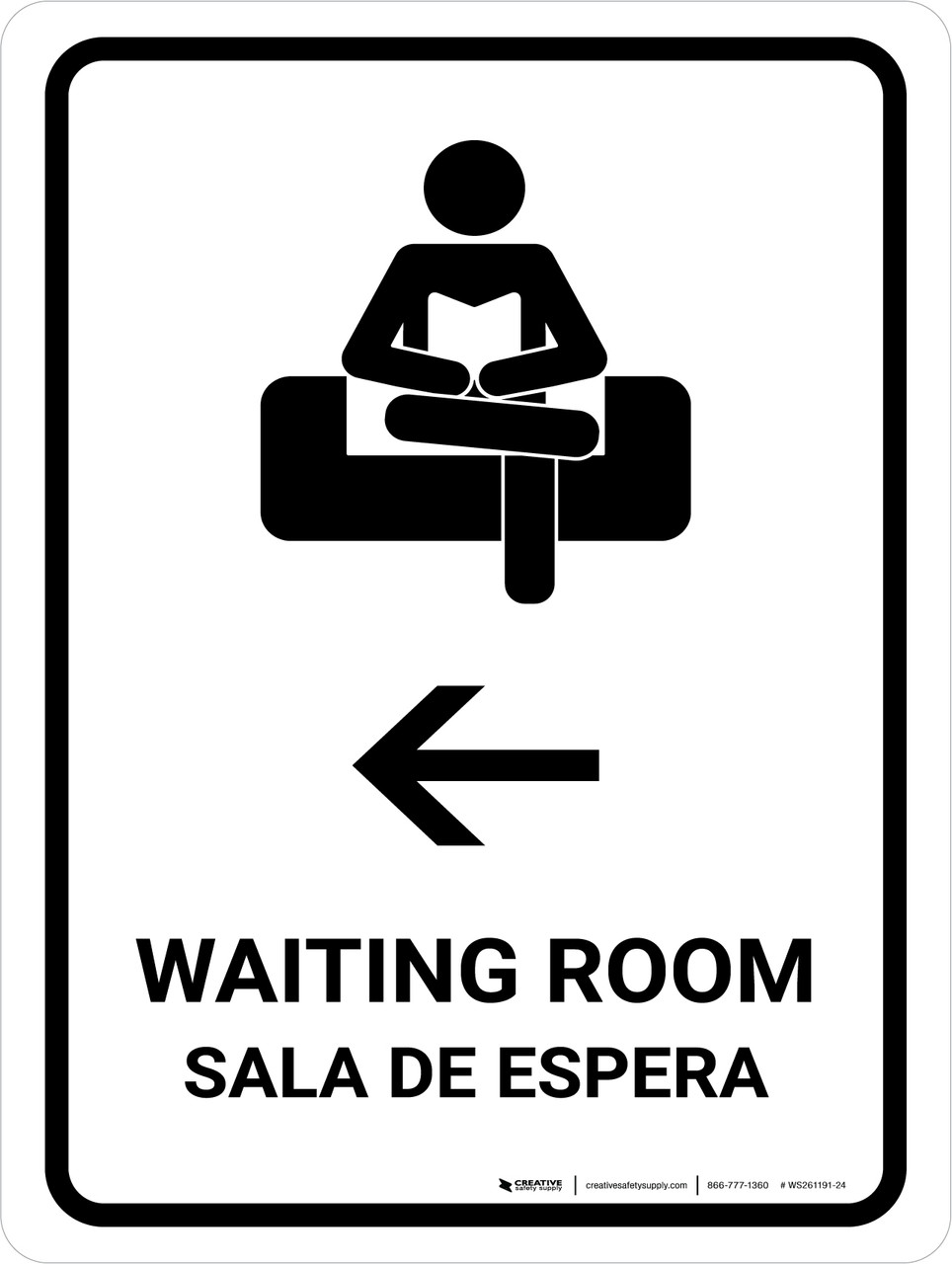 Waiting Room With Left Arrow White Bilingual Spanish Portrait - Wall Sign