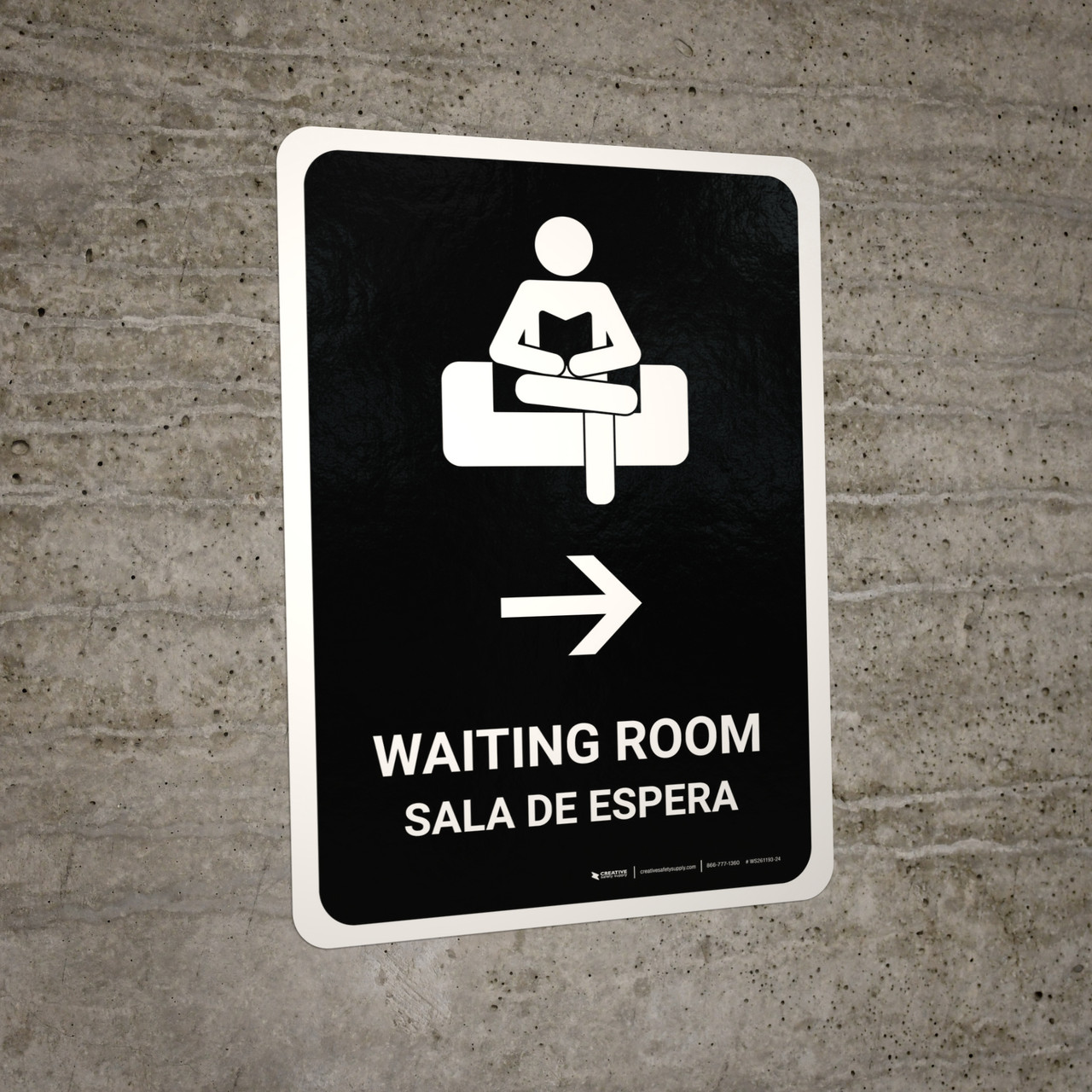 Waiting Room With Right Arrow Black Bilingual Spanish Portrait - Wall Sign