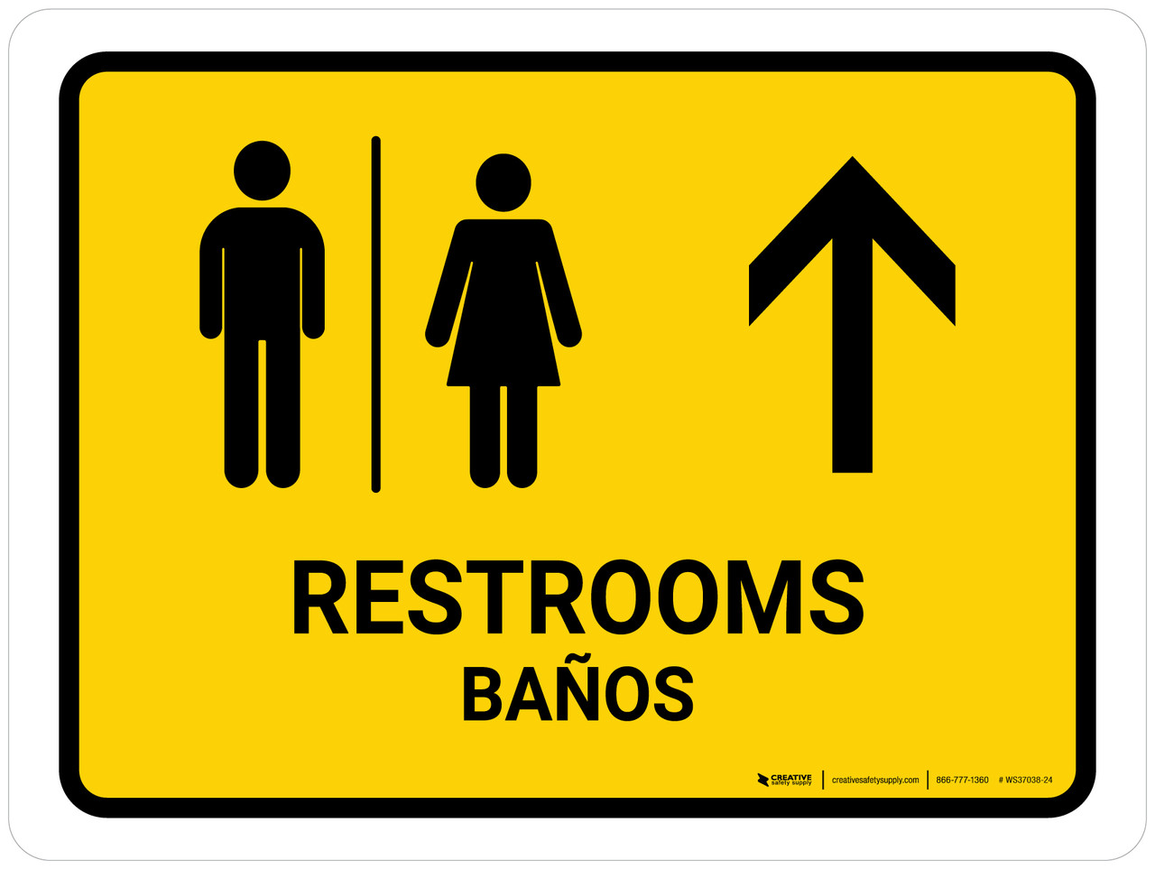 Restrooms With Up Arrow Yellow Bilingual Spanish Landscape - Wall Sign