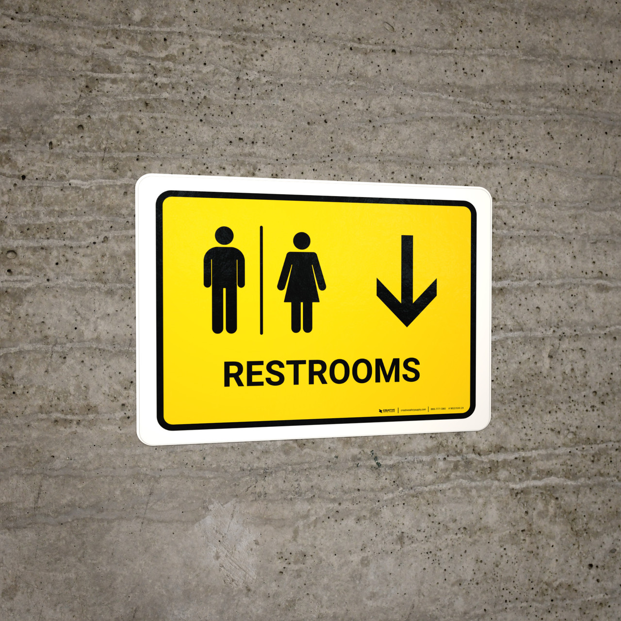 Restrooms With Down Arrow Yellow Landscape - Wall Sign