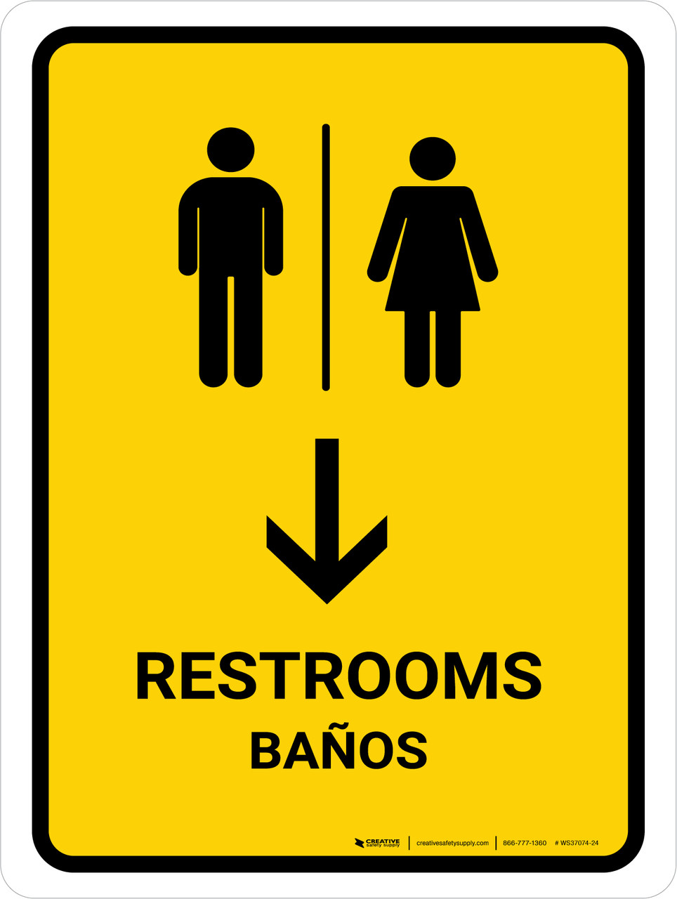 Restrooms With Down Arrow Yellow Bilingual Spanish Portrait - Wall Sign