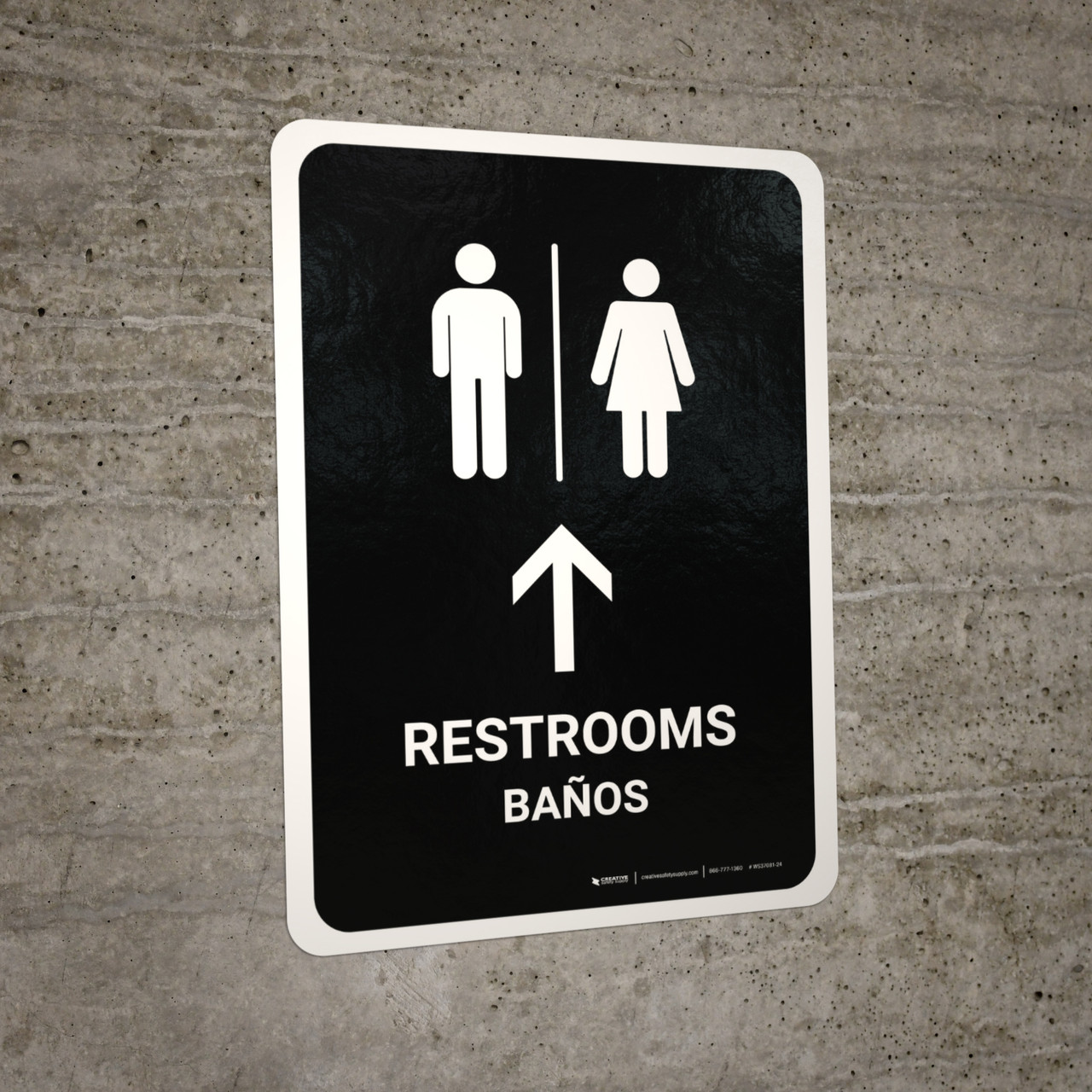 Restrooms With Up Arrow Black Bilingual Spanish Portrait - Wall Sign