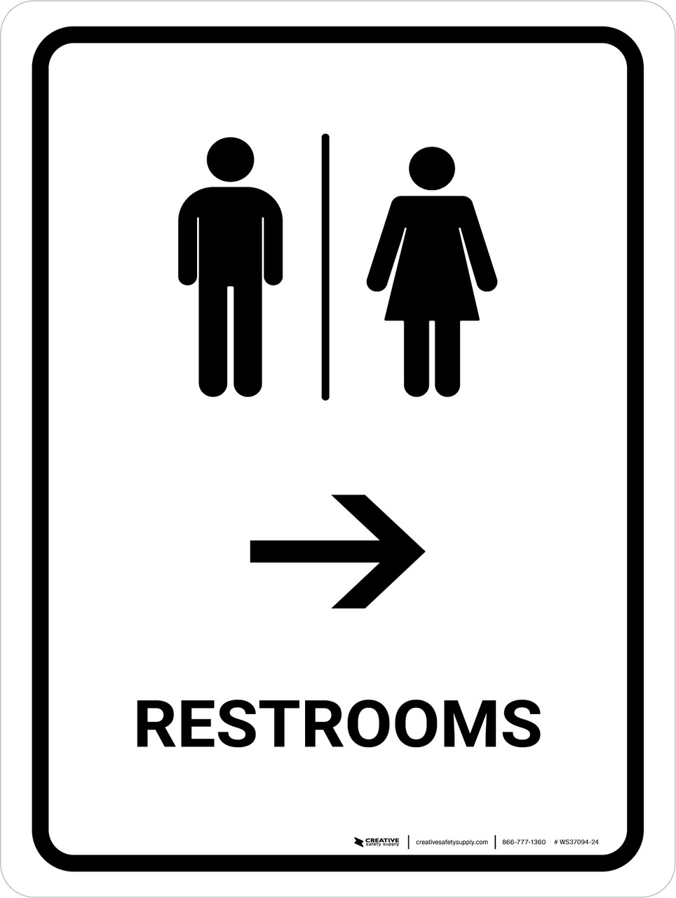 Restrooms With Right Arrow White Portrait - Wall Sign