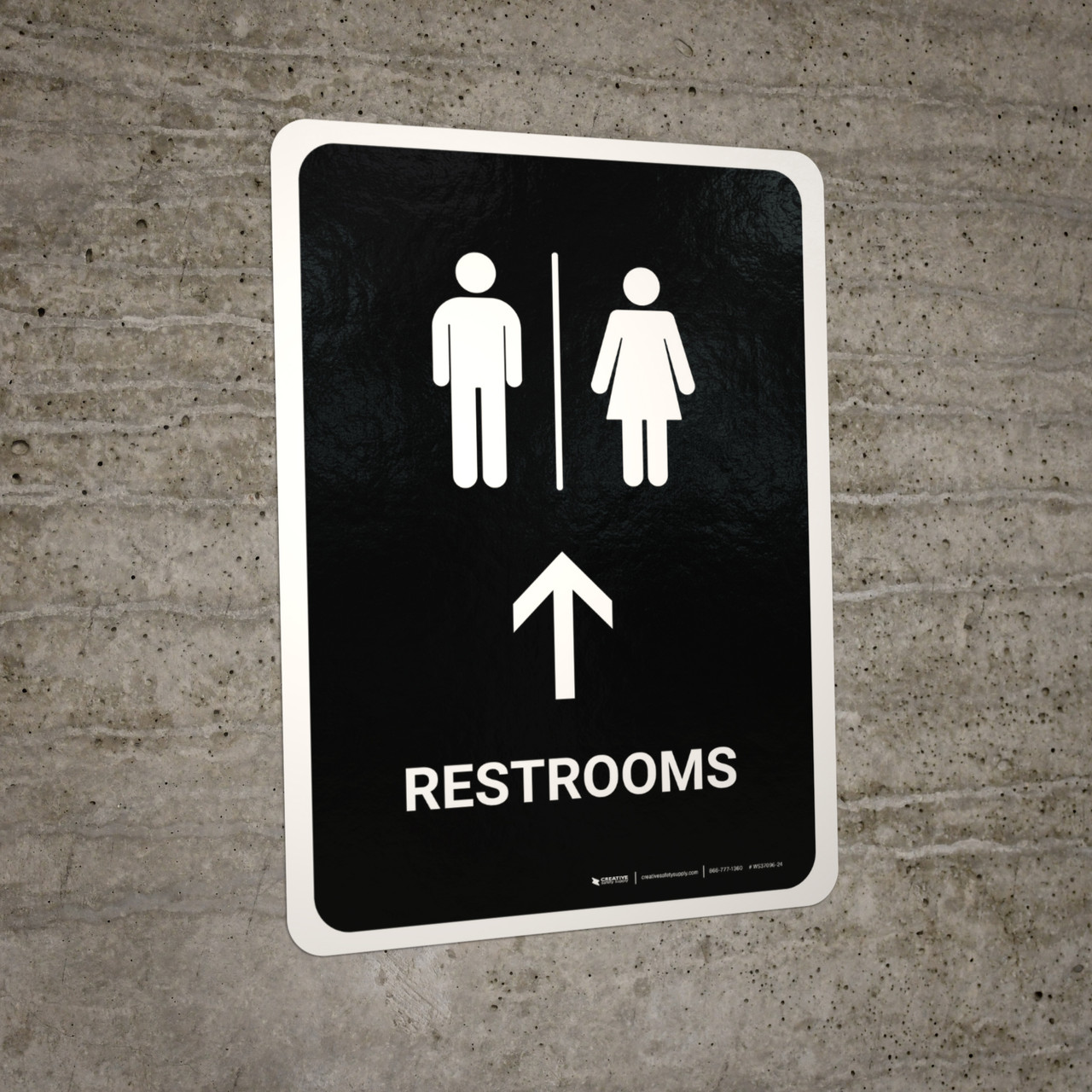 Restrooms With Up Arrow Black Portrait - Wall Sign