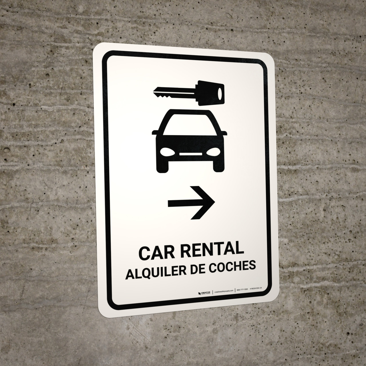 Car Rental With Right Arrow White Bilingual Spanish Portrait - Wall Sign