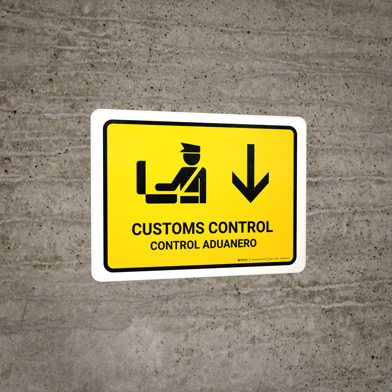 Customs Control With Down Arrow Yellow Bilingual Landscape - Wall Sign