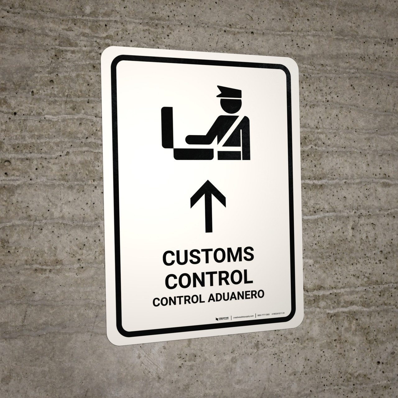 Customs Control With Up Arrow White Bilingual Portrait - Wall Sign