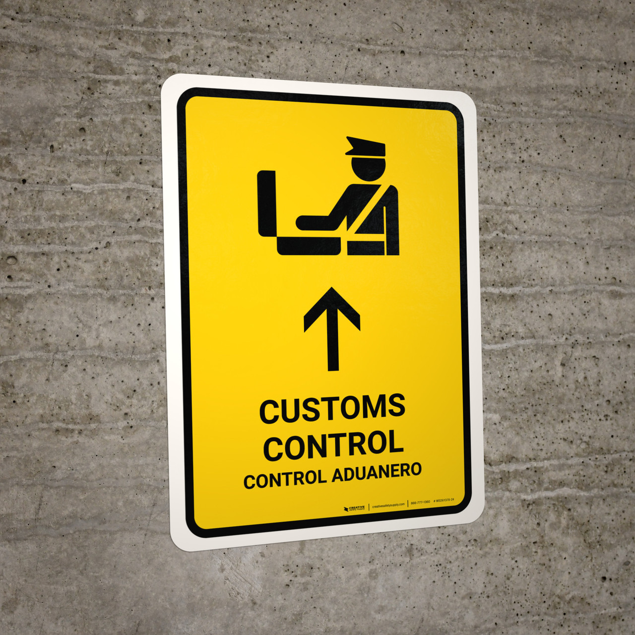 Customs Control With Up Arrow Yellow Bilingual Spanish Portrait - Wall Sign