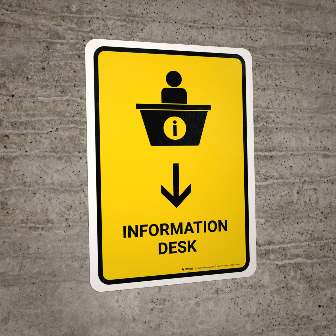 Information Desk With Down Arrow Yellow Portrait - Wall Sign