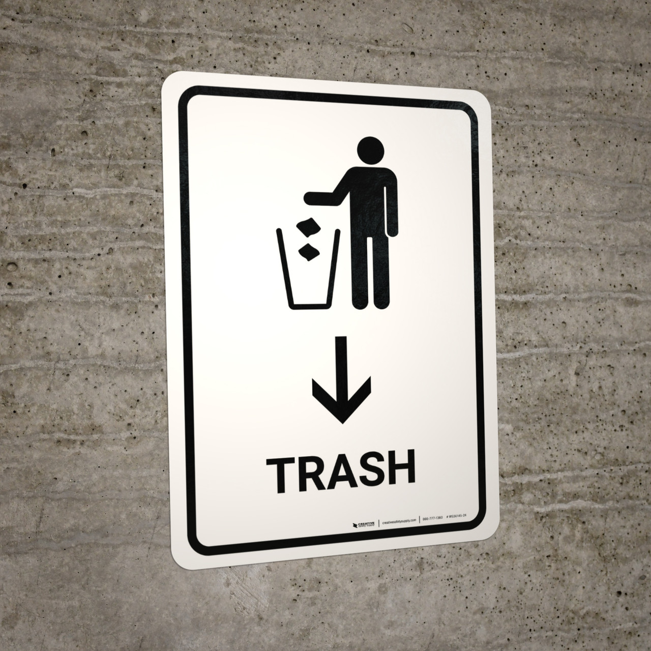 Trash With Down Arrow White Portrait - Wall Sign