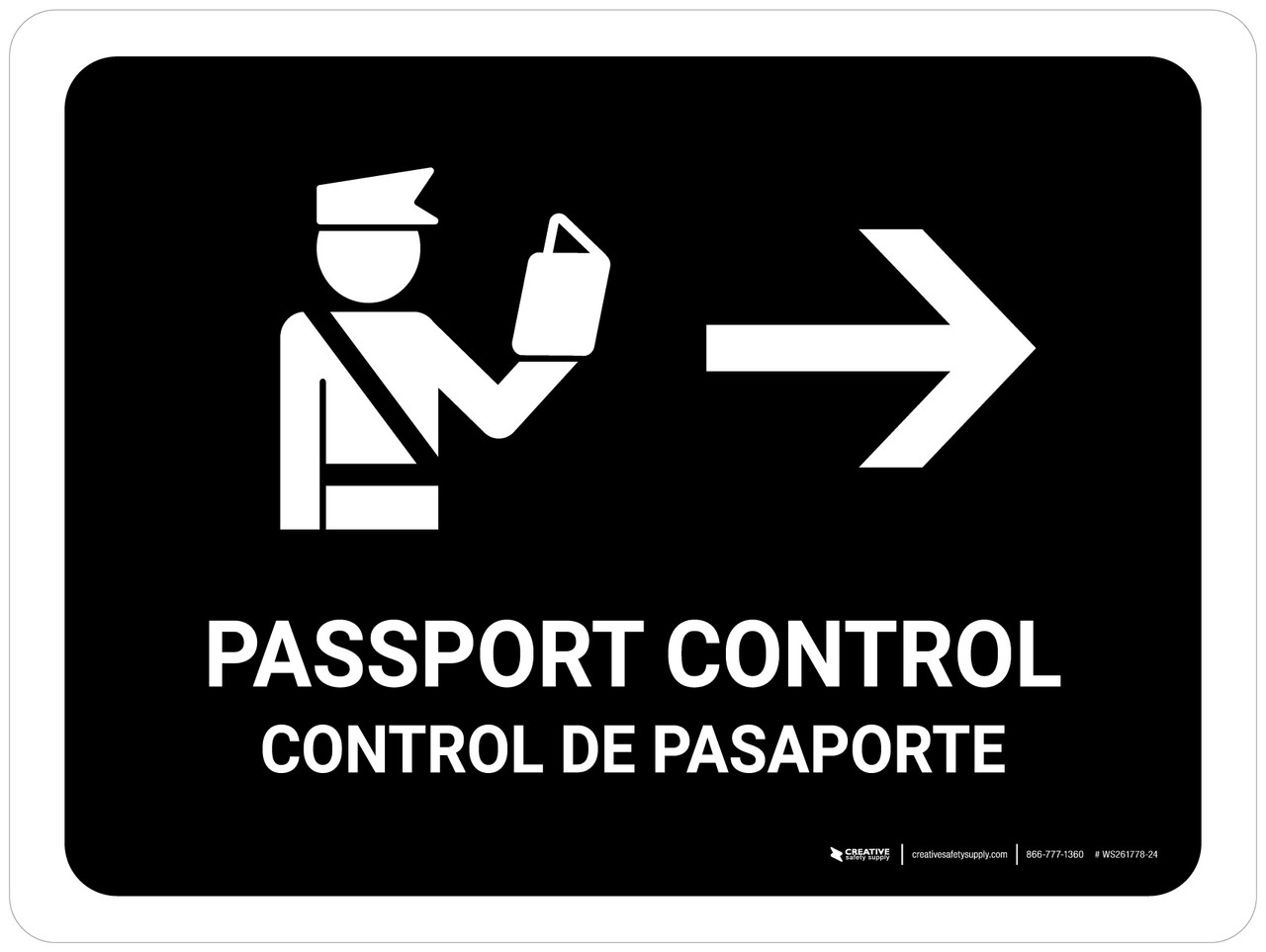 Passport Control With Right Arrow Black Bilingual Landscape - Wall Sign