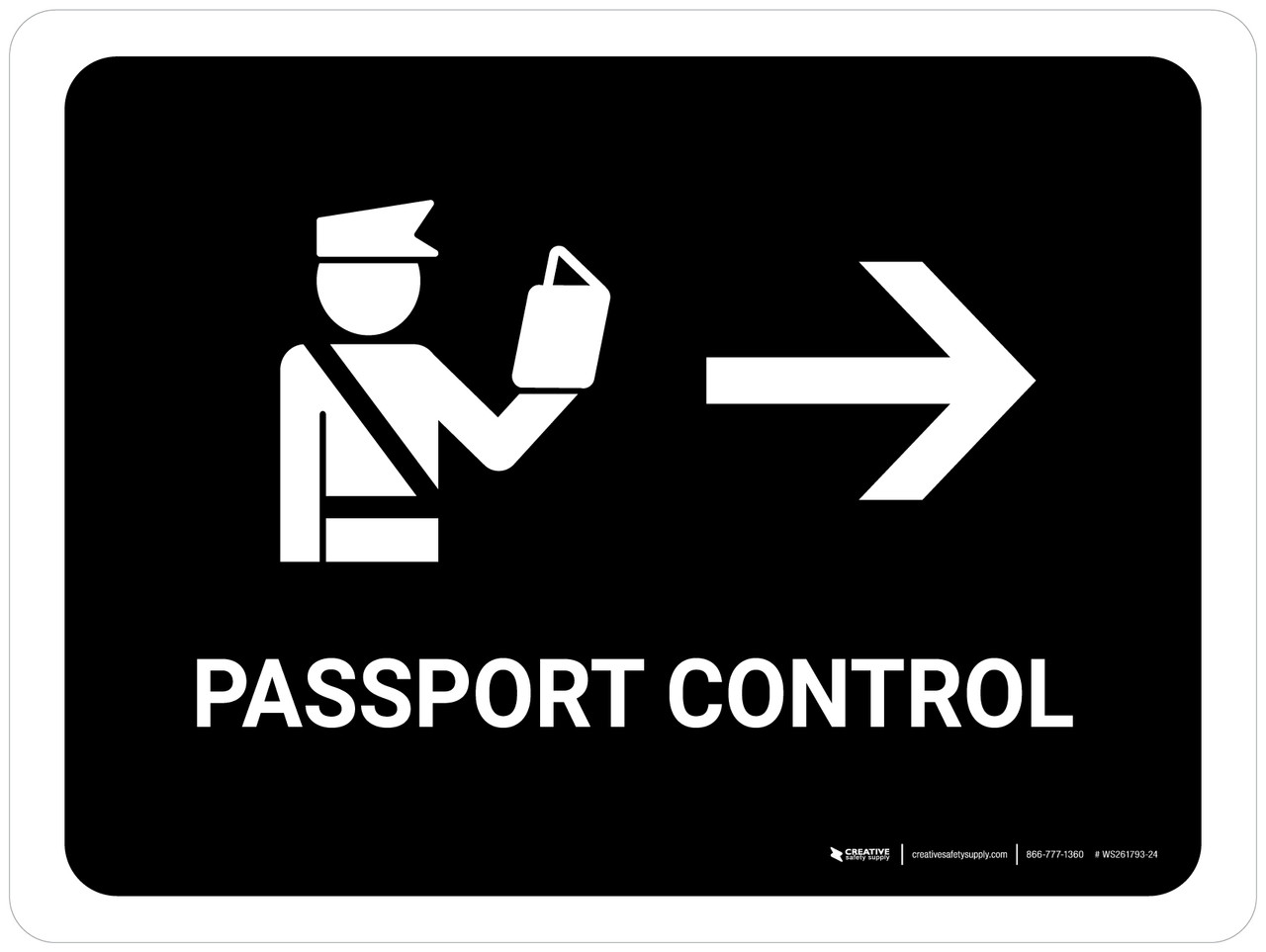 Passport Control With Right Arrow Black Landscape - Wall Sign